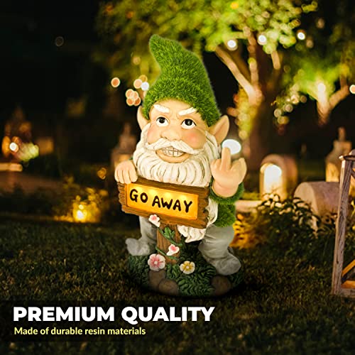 Premier Funny Garden Gnome Statue with Solar Lights - 11" Tall Gnomes Decorations for Yard Outdoor Garden Lawn Patio, Flocked Resin Gnome Figurine with LED Go Away Sign