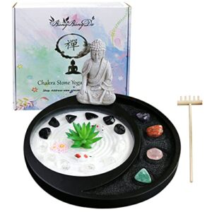 meditation buddha zen garden – sun moon zen garden kit for desk – yin yang chakra rock sand garden shine altar zen decor gifts for adult w/rake accessories healing crystal succulent