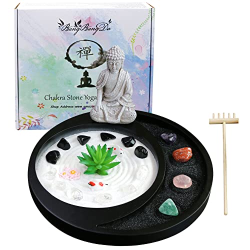 Meditation Buddha Zen Garden - Sun Moon Zen Garden Kit for Desk - Yin Yang Chakra Rock Sand Garden Shine Altar Zen Decor Gifts for Adult w/Rake Accessories Healing Crystal Succulent