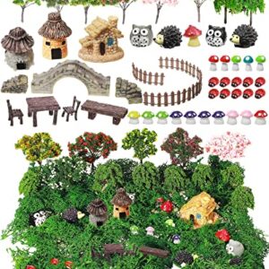 Canlierr 58 Pieces Miniature Fairy Garden Accessories Outdoor DIY Micro Landscape Ornaments Include Mixed Model Trees, Faux Green Moss, Mini House Animal Yard Figurines for Dollhouse Craft