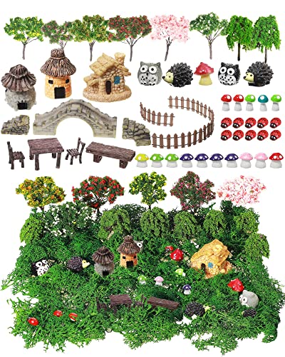 Canlierr 58 Pieces Miniature Fairy Garden Accessories Outdoor DIY Micro Landscape Ornaments Include Mixed Model Trees, Faux Green Moss, Mini House Animal Yard Figurines for Dollhouse Craft