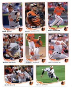 2013 topps baseball baltimore orioles complete team set ( 22 cards) – l.j. hoes rookie, manny machado rookie, 2012 al wild card, luis ayala, robertino, brian matusz, endy chavez, jake arrieta, chris davis, adam jones, jim johnson, tommy hunter, mark reyno