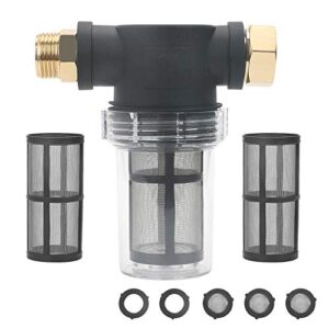 styddi garden hose sediment filter, garden hose debris inlet filter attachment with 100 mesh screen, for pressure washer inlet and transfer pump, rain barrels, spigot, with 2 extra 100 mesh screen