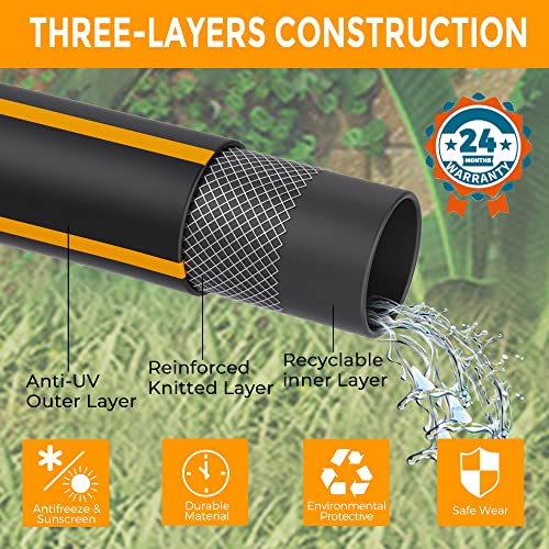 Giraffe Tools Hybrid Garden Hose 25ft, 5/8" Water Hose with Shut off Valve, Heavy Duty, Flexible, Leakproof Black Garden Hose with Male and Female Fittings in Outside Garden, Yard