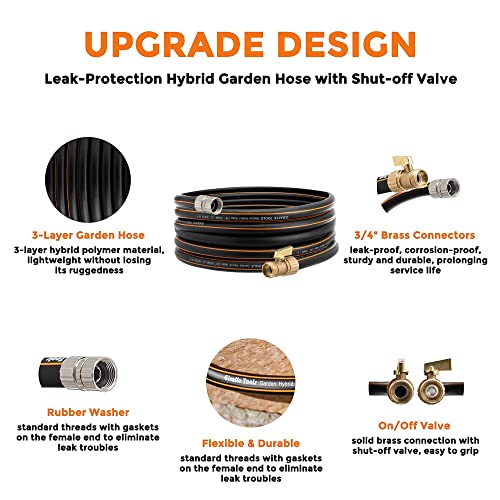 Giraffe Tools Hybrid Garden Hose 25ft, 5/8" Water Hose with Shut off Valve, Heavy Duty, Flexible, Leakproof Black Garden Hose with Male and Female Fittings in Outside Garden, Yard