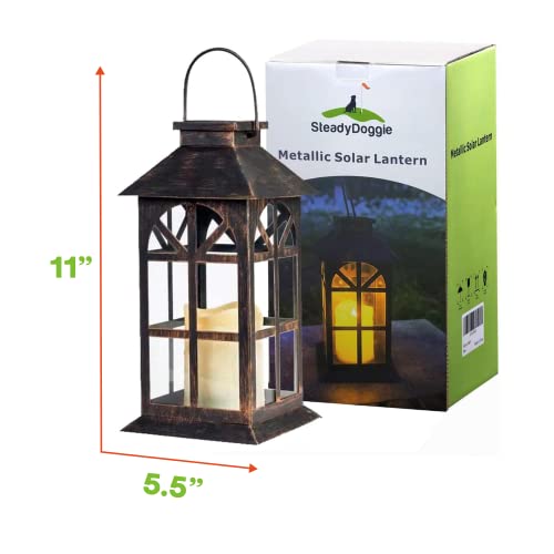 Solar Lantern Outdoor Classic Decor Bronze Antique Metal and Glass Construction Mission Solar Garden Lantern Indoor and Outdoor Solar Hanging Lantern, Entirely Solar Powered Lantern of Low Maintenance