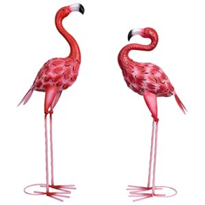 sunreek flamingo garden statues and sculptures, 2 pcs metal large red flamingo birds yard art outdoor statue for home patio lawn backyard décor (hot pink)