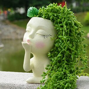 head planter, face flower pots, kiss planters with girl heads, lady faces flowerpot, succulent art face pots, female garden pots, small statue plant pots with drainage for indoor outdoor plants(cream)