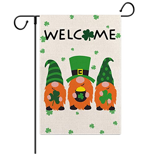 EDDERT Welcome St Patricks Day Gnomes Garden Flag, Double Sided Burlap Vertical Outside Outdoor Yard Lawn Irish Green Shamrock Beer Decoration, 12 x 18 Inch