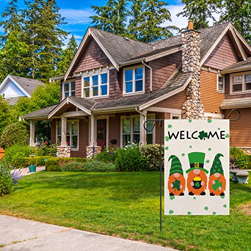 EDDERT Welcome St Patricks Day Gnomes Garden Flag, Double Sided Burlap Vertical Outside Outdoor Yard Lawn Irish Green Shamrock Beer Decoration, 12 x 18 Inch