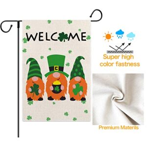 EDDERT Welcome St Patricks Day Gnomes Garden Flag, Double Sided Burlap Vertical Outside Outdoor Yard Lawn Irish Green Shamrock Beer Decoration, 12 x 18 Inch