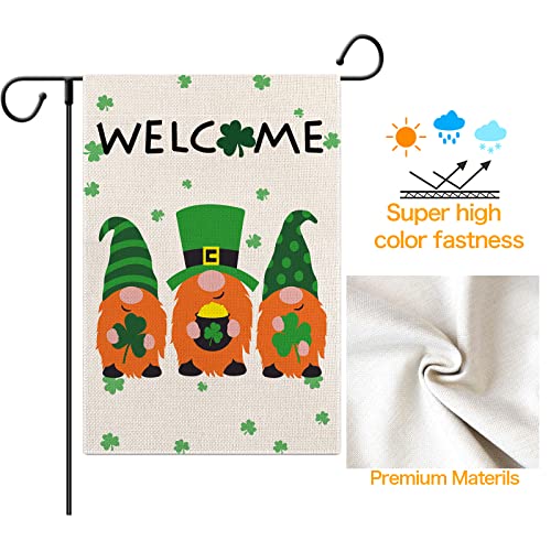 EDDERT Welcome St Patricks Day Gnomes Garden Flag, Double Sided Burlap Vertical Outside Outdoor Yard Lawn Irish Green Shamrock Beer Decoration, 12 x 18 Inch