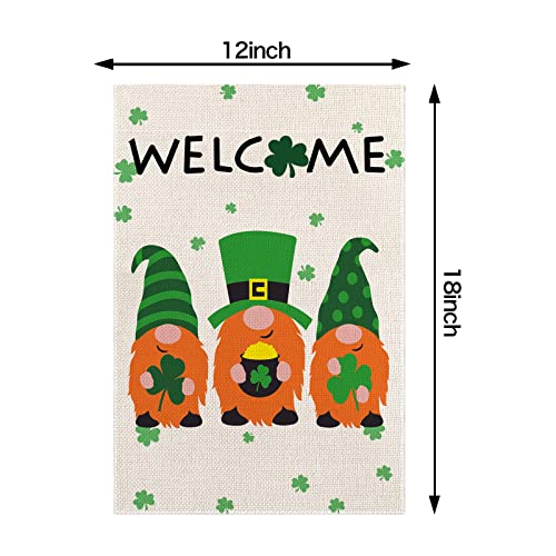 EDDERT Welcome St Patricks Day Gnomes Garden Flag, Double Sided Burlap Vertical Outside Outdoor Yard Lawn Irish Green Shamrock Beer Decoration, 12 x 18 Inch