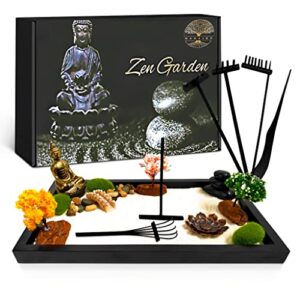 madaiko zen garden for desk – mini zen garden kit, office & home decor accessories, japanese zen sand garden, meditation gifts, sand & rock tray therapy