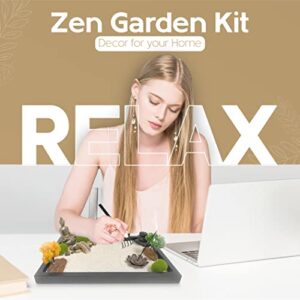 Madaiko Zen Garden for Desk - Mini Zen Garden Kit, Office & Home Decor Accessories, Japanese Zen Sand Garden, Meditation Gifts, Sand & Rock Tray Therapy