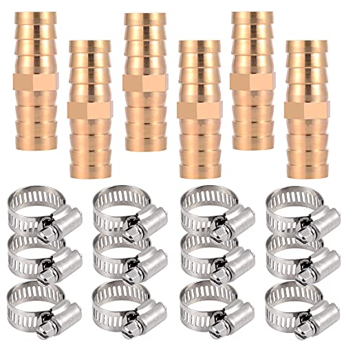 6 Pack Brass Garden Hose Connector with Stainless Steel Clamps, Garden Hose Repair Kit, Garden Hose Fittings (5/8 Inch)