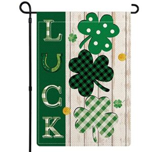 yovoyoa st patricks day garden flag, 12.5 x 18 inch double sided green shamrock clover spring flag, rustic luck shamrock buffalo plaid flag for yard patio outdoor farmhouse decor