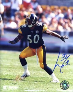 larry foote autographed /original signed 8×10 color photo showing him with the pittsburgh steelers – he earned two super bowl rings w/ the steelers