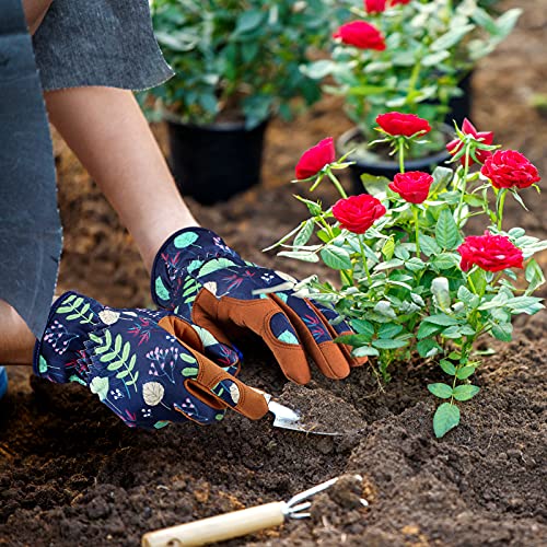 Leather Gardening Gloves for Women - Working Gloves for Weeding, Digging, Planting, Raking and Pruning (B-Blue)