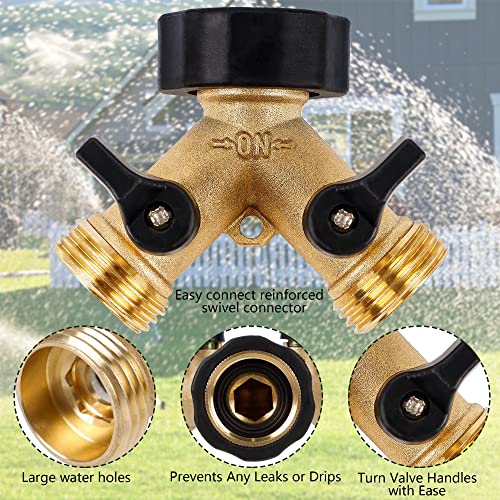 Biswing Garden Hose Splitter 2 Way, Heavy Duty Brass Connector Tap Splitter, Y Splitter 2 Valves with 2 Extra Rubber Washers