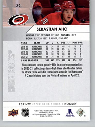 2021-22 Upper Deck #32 Sebastian Aho Carolina Hurricanes Series 1 NHL Hockey Base Trading Card