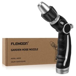 flemoon garden hose nozzle sprayer, high pressure, heavy duty metal, thumb flow control, leak free, metal water hose nozzle spray to wash cars and clean floors, silver