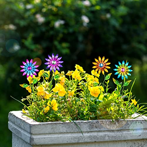 Venniy 4 Pcs Metal Flower Garden Stakes, 16.3inch Outdoor Garden Decor Metal Flower Stick for Patio, Lawn, Yard, Pathway