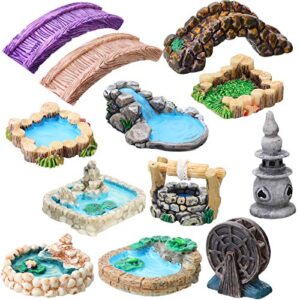 12 pcs fairy garden accessories miniature garden bridge figurines mini lighthouse water well bridge figurines miniature pond lawn garden ornament figurines for diy craft garden decor(classic style)