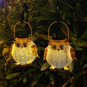 2 pack hanging solar lanterns – garden light waterproof metal decorative solar lantern lights outdoor for patio yard table pathway with owl pattern