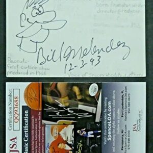 Bill Melendez Famous Cartoon Artist Signed 3x5 Sketch Card with JSA COA