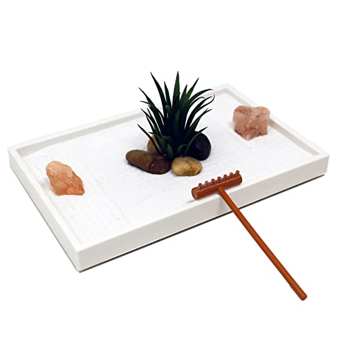 Nature's Mark Mini Zen Garden Kit for Desk with White Sand, Rake, White Base, Salt Rock and Air Plant (Rectangle)