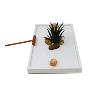 Nature's Mark Mini Zen Garden Kit for Desk with White Sand, Rake, White Base, Salt Rock and Air Plant (Rectangle)