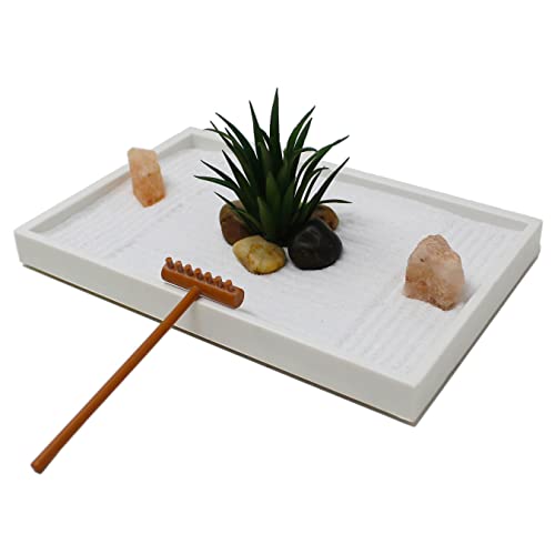 Nature's Mark Mini Zen Garden Kit for Desk with White Sand, Rake, White Base, Salt Rock and Air Plant (Rectangle)