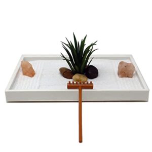 Nature's Mark Mini Zen Garden Kit for Desk with White Sand, Rake, White Base, Salt Rock and Air Plant (Rectangle)