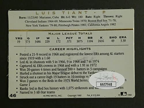 Luis Tiant Signed Baseball Card with JSA COA