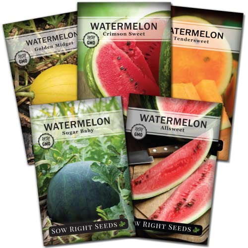 Sow Right Seeds - Watermelon Seed Collection for Planting - Crimson Sweet, Allsweet, Sugar Baby, Tendersweet, and Golden Midget Melon Seeds - Non-GMO Heirloom Seeds to Plant a Home Vegetable Garden