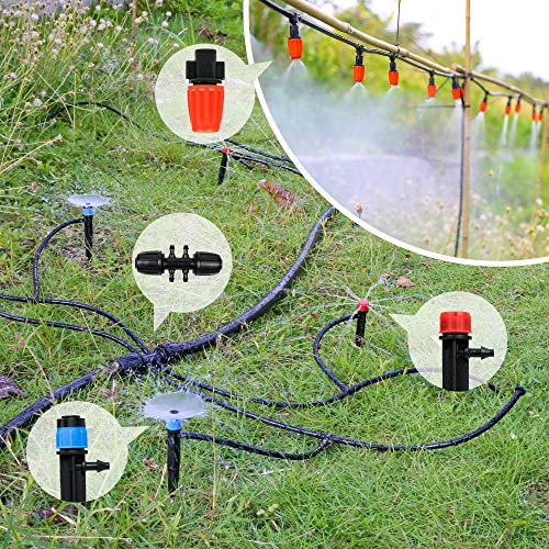 MIXC 226FT Greenhouse Micro Drip Irrigation Kit Automatic Irrigation System Patio Misting Plant Watering System with 1/4 inch 1/2 inch Blank Distribution Tubing Hose Adjustable Nozzle Emitters Sprinkler Barbed Fittings