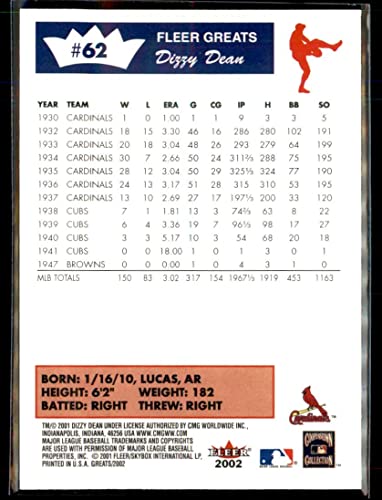 2002 Greats of the Game #62 Dizzy Dean MLB Baseball Trading Card