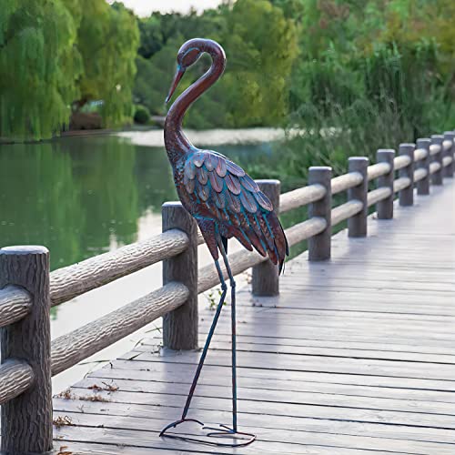 Kircust Garden Statues Patina Heron Decoy, Standing Metal Crane Sculpture for Outdoor Patio Lawn Pond Decoration, 47-Inch Tall (1PC)