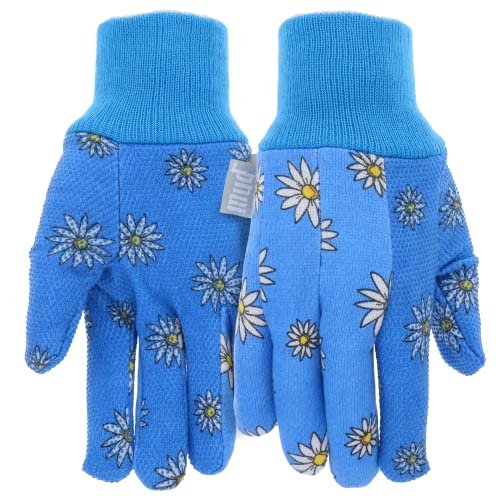 MUD Basic Women's PVC Dotted Palm And Daisy Printed Jersey Garden Glove, Extreme Comfort, Excellent Grip, Durable Wear, Blue, Medium/Large (M61001B-WML),MD61001B-WML