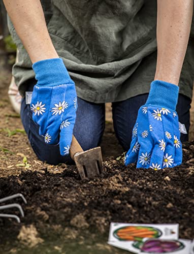 MUD Basic Women's PVC Dotted Palm And Daisy Printed Jersey Garden Glove, Extreme Comfort, Excellent Grip, Durable Wear, Blue, Medium/Large (M61001B-WML),MD61001B-WML