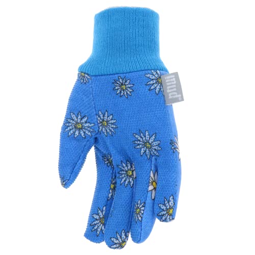 MUD Basic Women's PVC Dotted Palm And Daisy Printed Jersey Garden Glove, Extreme Comfort, Excellent Grip, Durable Wear, Blue, Medium/Large (M61001B-WML),MD61001B-WML