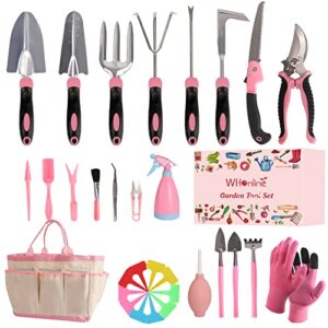 whonline pink garden tool set for women, 31pcs succulent gardening tool kit, heavy duty stainless steel aluminum non-slip ergonomic handle tools durable storage tote bag gardening gifts