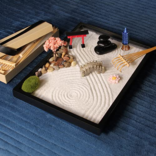 Island Falls Home Zen Garden Kit 11x8in Beautiful Premium Japanese Mini Rock Garden Gift Set. Home, Office Desk Accessories. Zen Sand Garden, 6 Tools, 15 Features. Desktop Meditation Room Decor Tray