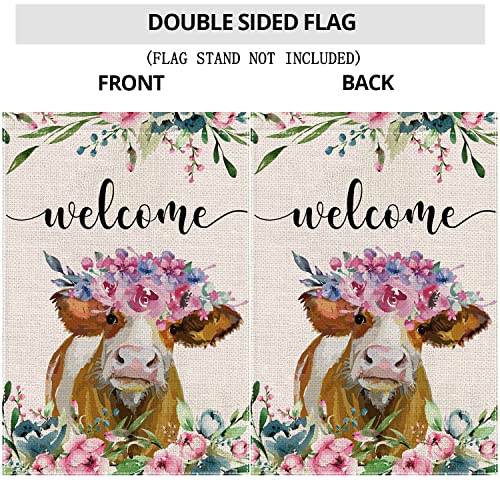 Spring Welcome Cow with Flowers Garden Flag for Outdoor Small Yard Flag for Outside Seasonal Decor for Summer Farmhouse Holiday 12x18 Inch Double Sided