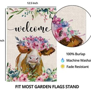 Spring Welcome Cow with Flowers Garden Flag for Outdoor Small Yard Flag for Outside Seasonal Decor for Summer Farmhouse Holiday 12x18 Inch Double Sided