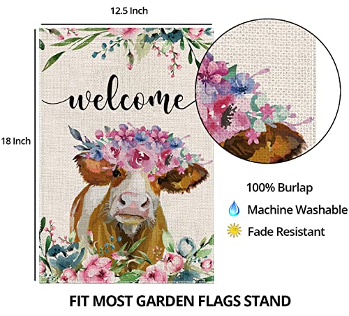 Spring Welcome Cow with Flowers Garden Flag for Outdoor Small Yard Flag for Outside Seasonal Decor for Summer Farmhouse Holiday 12x18 Inch Double Sided