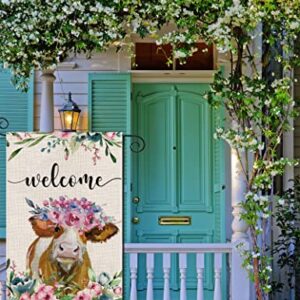 Spring Welcome Cow with Flowers Garden Flag for Outdoor Small Yard Flag for Outside Seasonal Decor for Summer Farmhouse Holiday 12x18 Inch Double Sided