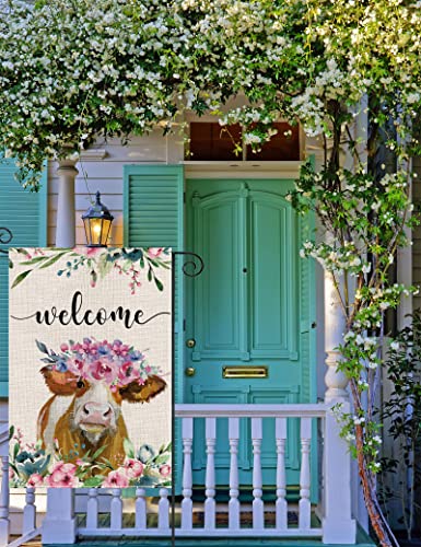 Spring Welcome Cow with Flowers Garden Flag for Outdoor Small Yard Flag for Outside Seasonal Decor for Summer Farmhouse Holiday 12x18 Inch Double Sided