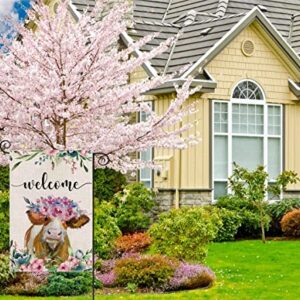 Spring Welcome Cow with Flowers Garden Flag for Outdoor Small Yard Flag for Outside Seasonal Decor for Summer Farmhouse Holiday 12x18 Inch Double Sided